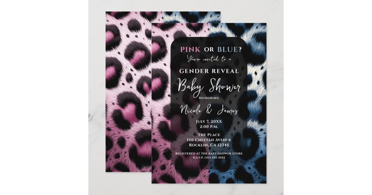 Pink Blue Leopard Print Gender Reveal Baby Shower Invitation | Zazzle