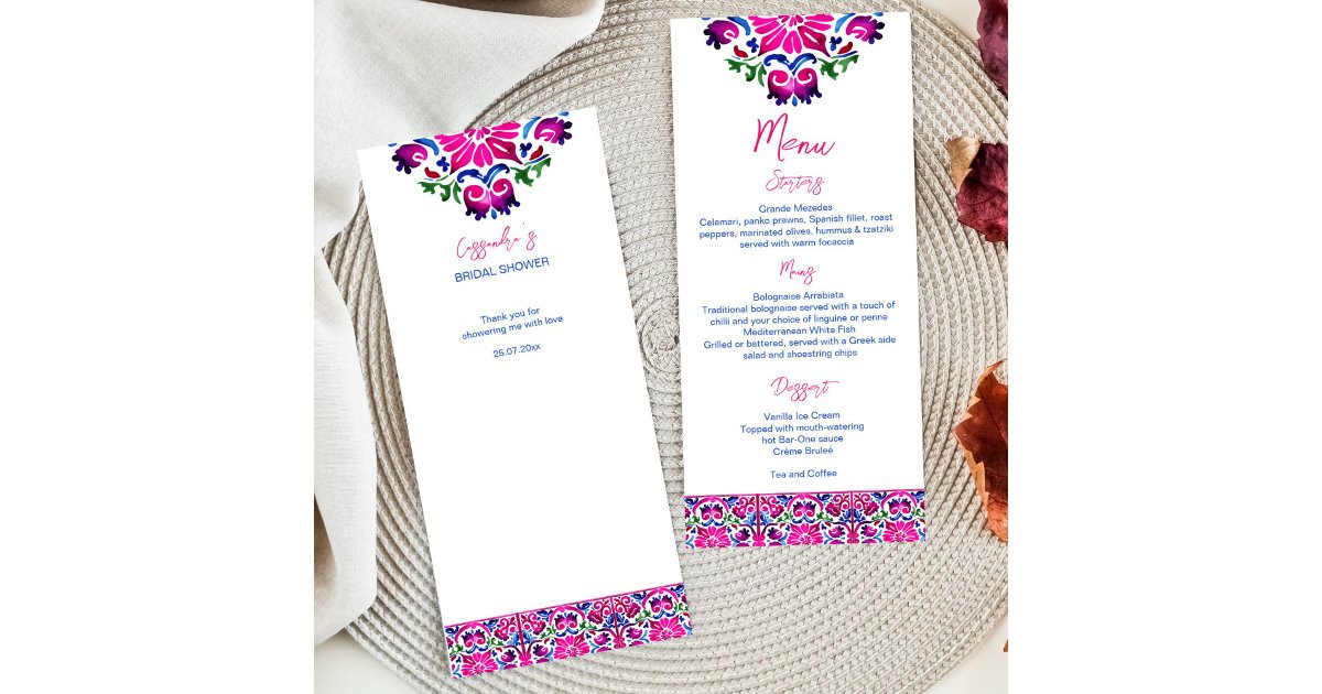 Pink blue Mexican Talavera tiles Menu | Zazzle