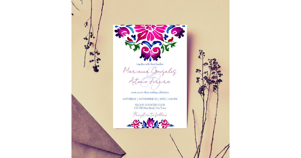 Pink blue Mexican talavera tiles wedding Invitation | Zazzle