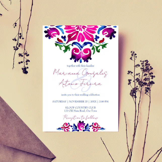 Pink blue Mexican talavera tiles wedding Invitation | Zazzle
