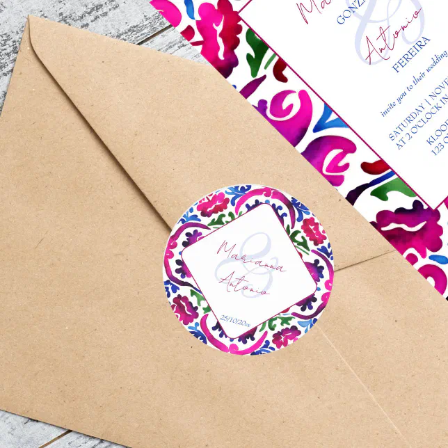 Pink blue Mexican Talavera tiles wedding template Classic Round Sticker ...