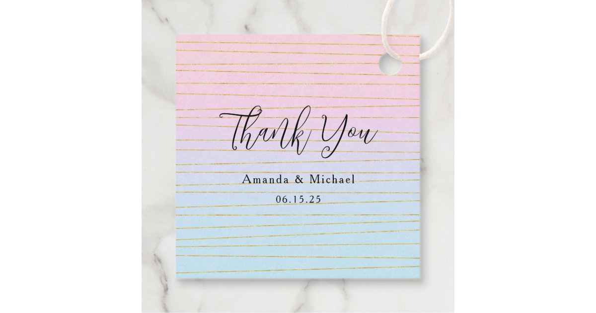 Pink Blue Ombre with Thin Gold Lines Wedding Favor Tags | Zazzle
