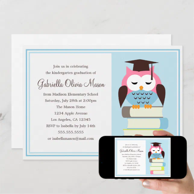 Pink/Blue Owl Graduation Party Invitation | Zazzle