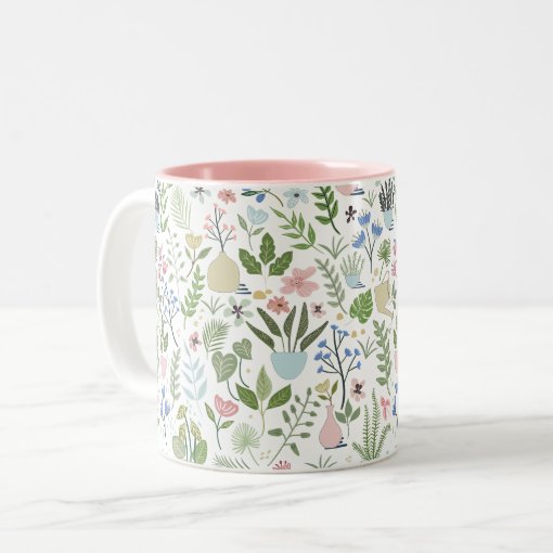Pink Blue Potted Plants Flowers Greenery Two-Tone Coffee Mug | Zazzle