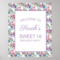 Pink Blue Purple White Floral Birthday Welcome Poster | Zazzle