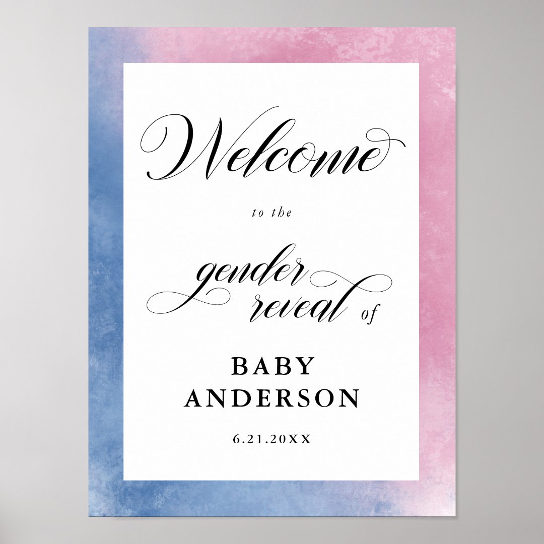 Pink & Blue Script Gender Reveal Welcome Poster | Zazzle