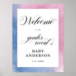 Pink & Blue Script Gender Reveal Welcome Poster | Zazzle