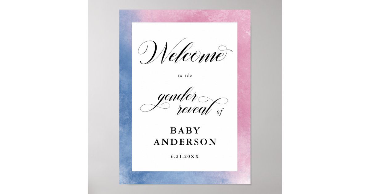 Pink & Blue Script Gender Reveal Welcome Poster | Zazzle