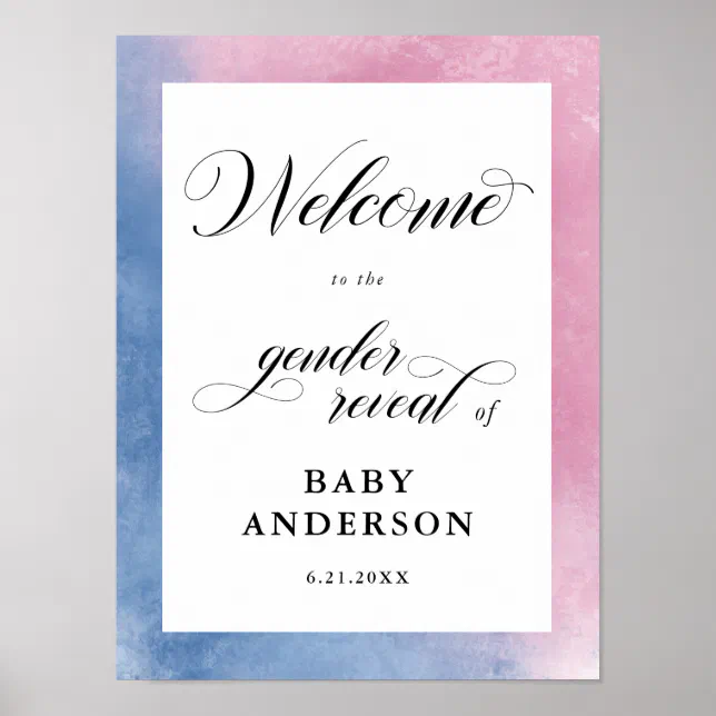 Pink & Blue Script Gender Reveal Welcome Poster | Zazzle