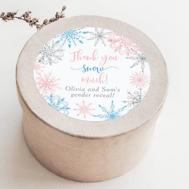 Pink blue snowflakes Thank you snow much Classic Round Sticker | Zazzle