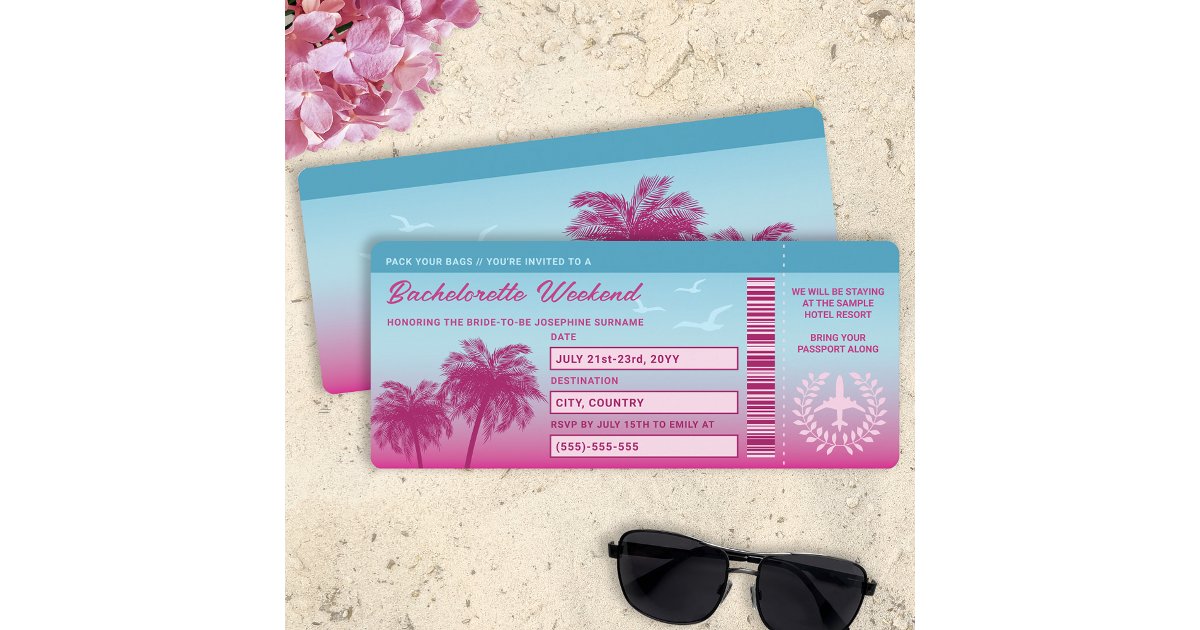 Pink Blue Tropical Bachelorette Trip Boarding Pass Invitation | Zazzle