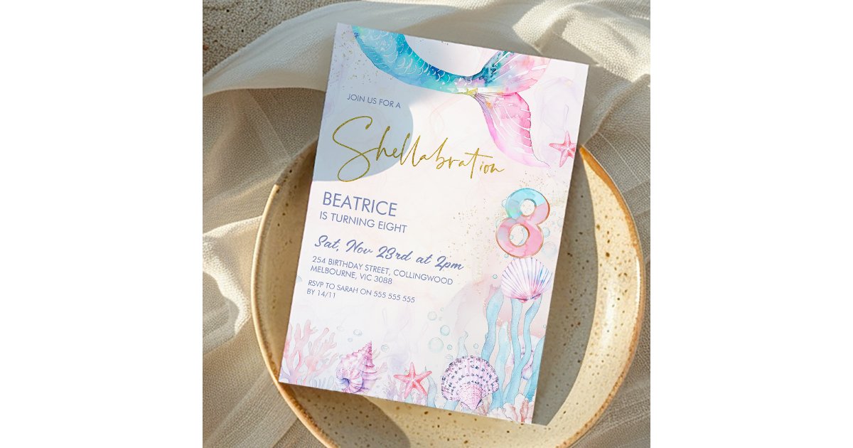 Pink Blue Under the Sea Shellabrate 8th Birthday Invitation | Zazzle