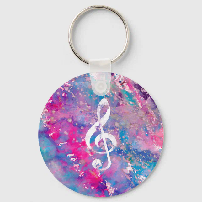 Pink Blue Watercolor Paint Music Note Treble Clef Keychain | Zazzle