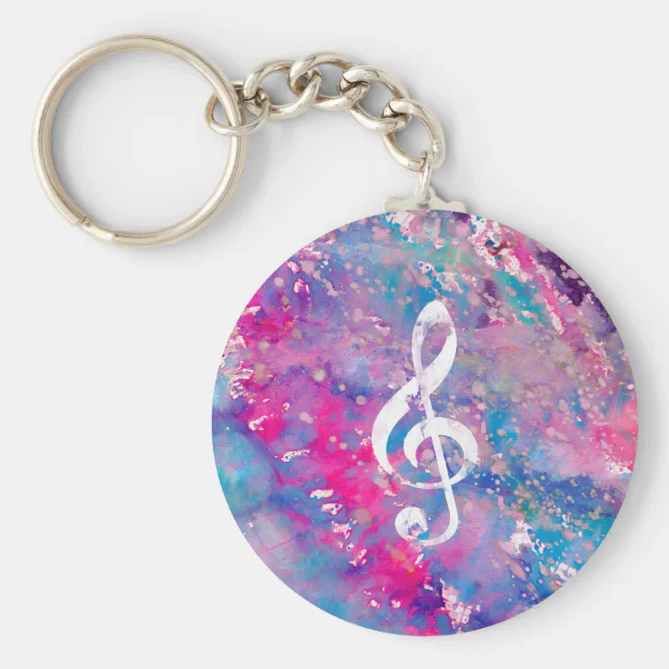 Pink Blue Watercolor Paint Music Note Treble Clef Keychain | Zazzle