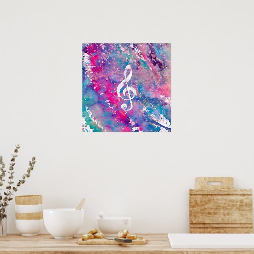 Pink Blue Watercolor Paint Music Note Treble Clef Poster | Zazzle