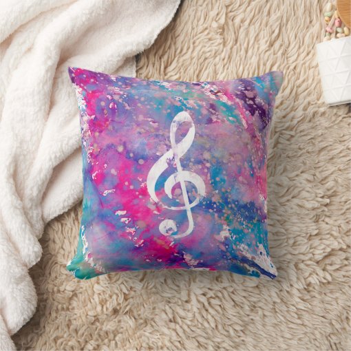 Pink Blue Watercolor Paint Music Note Treble Clef Throw Pillow | Zazzle