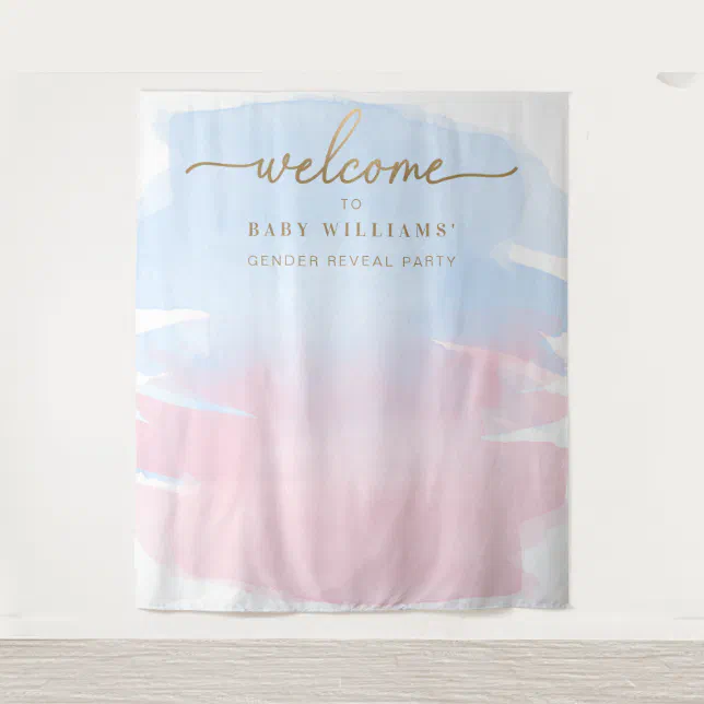Pink Blue Watercolour Gender Reveal Backdrop | Zazzle