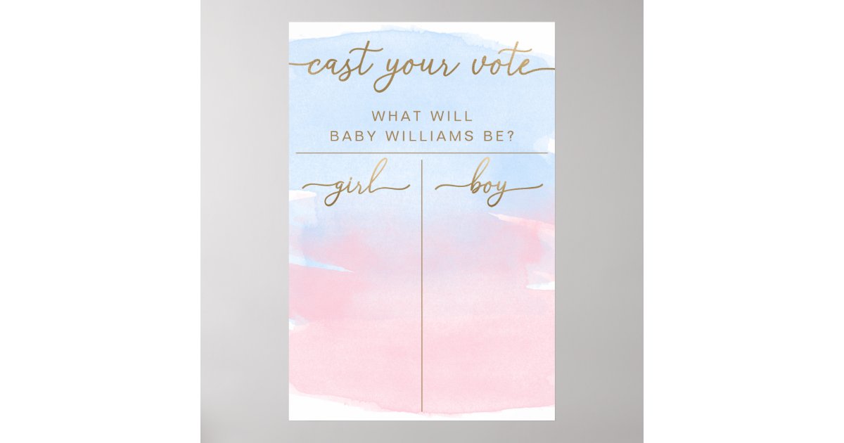 Pink Blue Watercolour Gender Reveal Voting Poster | Zazzle