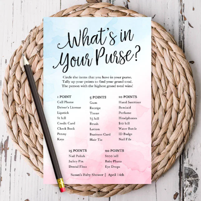 Pink/Blue What's in Your Purse, Paper Game Card | Zazzle