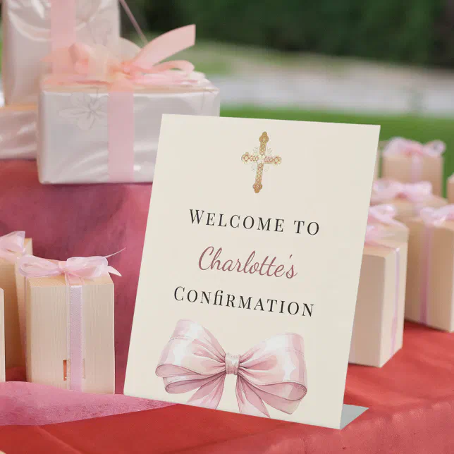 Pink blush bow ivory Confirmation welcome Pedestal Sign | Zazzle