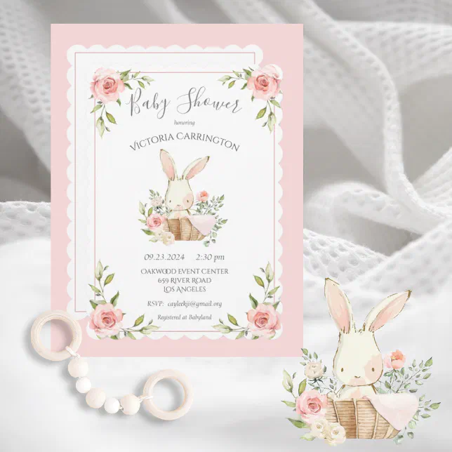 Pink Blush Bunny Rabbit Baby Shower Invitation | Zazzle