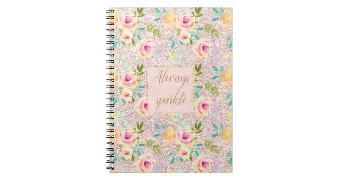 Pink Blush Faux Glitter Sparkle Floral Watercolor Notebook | Zazzle