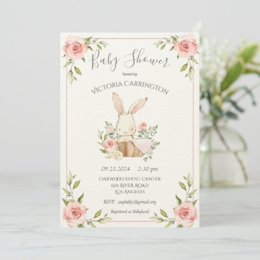 Pink Blush Floral Bunny Rabbit Baby Shower Invitation | Zazzle