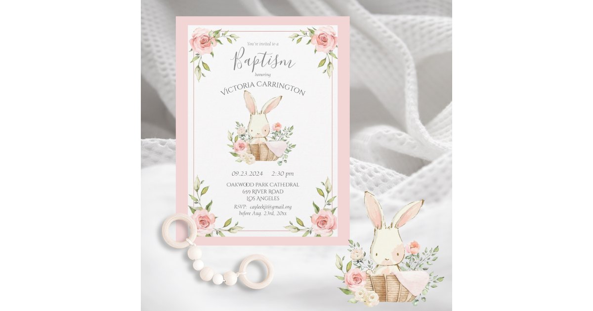 Pink Blush Floral Bunny Rabbit Baptism Christening Invitation | Zazzle