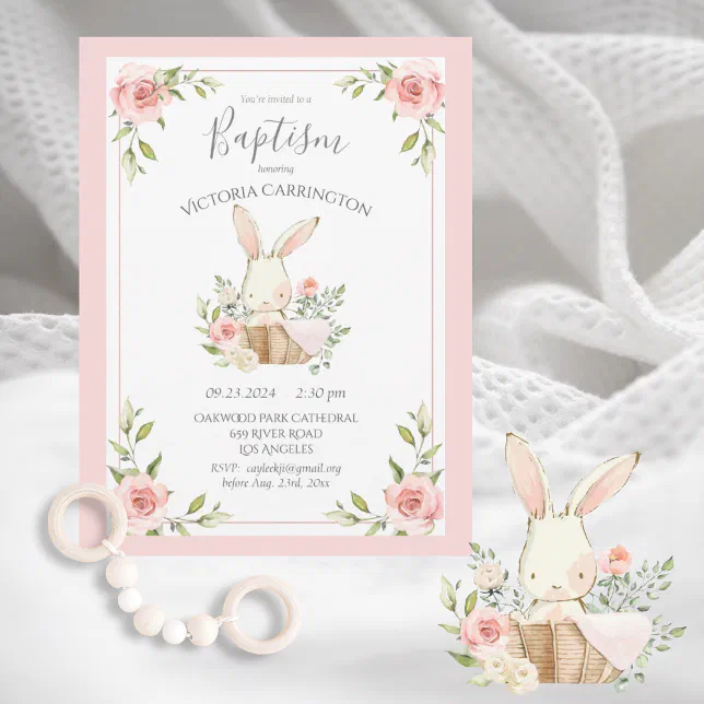 Pink Blush Floral Bunny Rabbit Baptism Christening Invitation | Zazzle