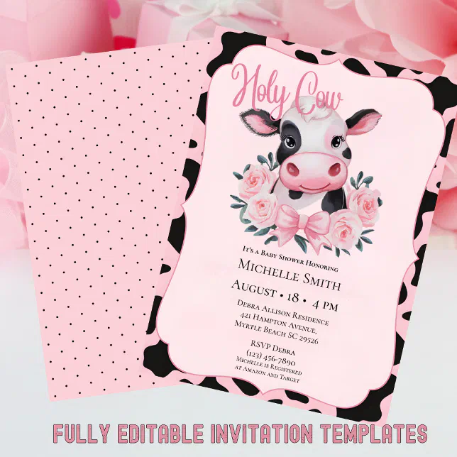 Pink Blush Floral Cow Print Baby Shower Invitation | Zazzle