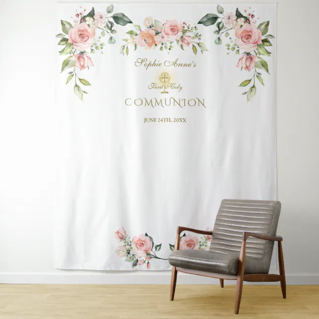 Pink Blush Floral First Holy Communion Photo Prop Tapestry | Zazzle