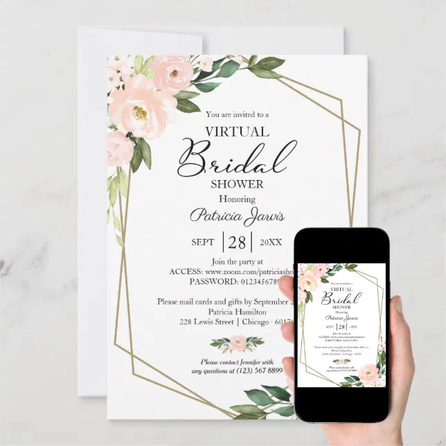 Pink Blush Floral Geometric Virtual Bridal Shower Invitation | Zazzle