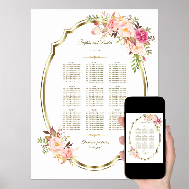 Pink Blush Floral Gold Frame Wedding Seating Chart | Zazzle