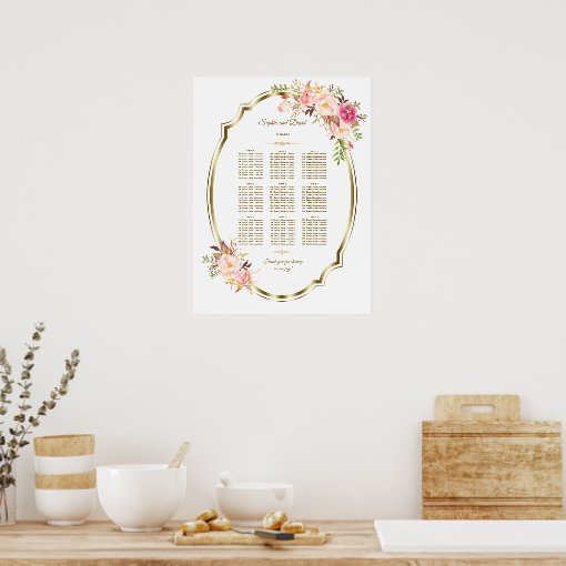 Pink Blush Floral Gold Frame Wedding Seating Chart | Zazzle