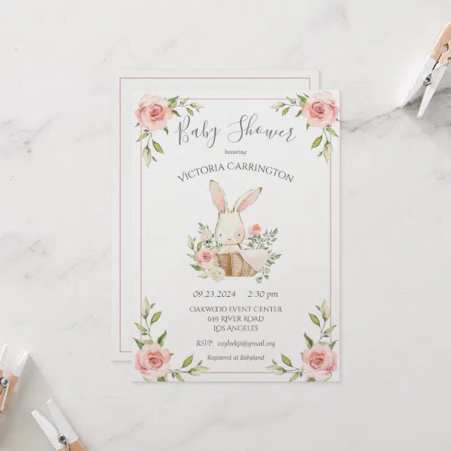 Pink Blush Floral Pearl Shimmer Bunny Baby Shower Invitation | Zazzle