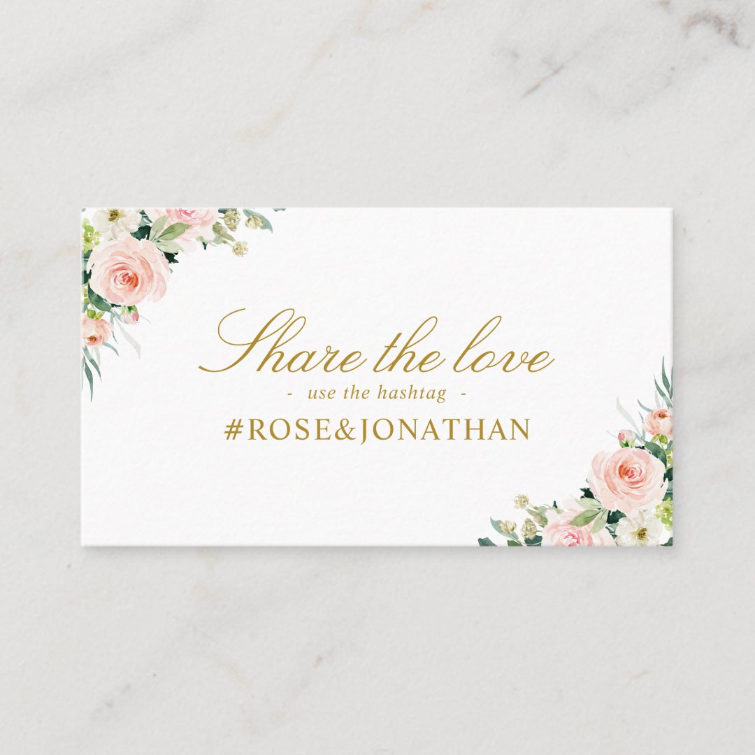 pink blush floral wedding hashtag card | Zazzle