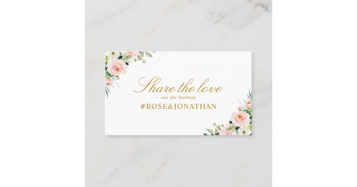 pink blush floral wedding hashtag card | Zazzle