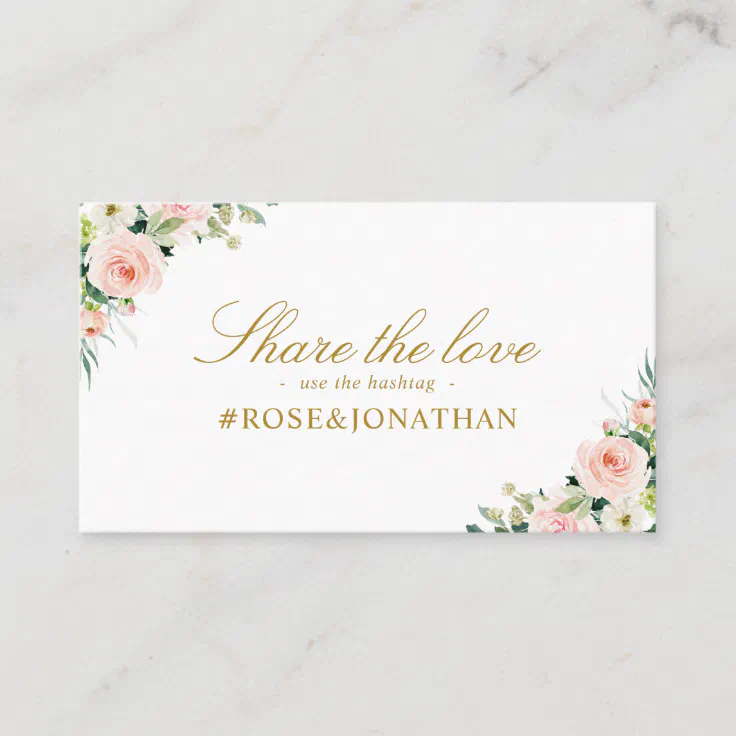 pink blush floral wedding hashtag card | Zazzle