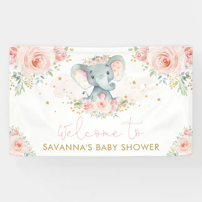 Pink Blush Flower Elephant Baby Girl Welcome Banner | Zazzle