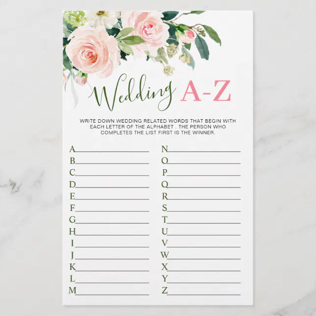Pink Blush Flowers Greenery Bridal Shower Game | Zazzle