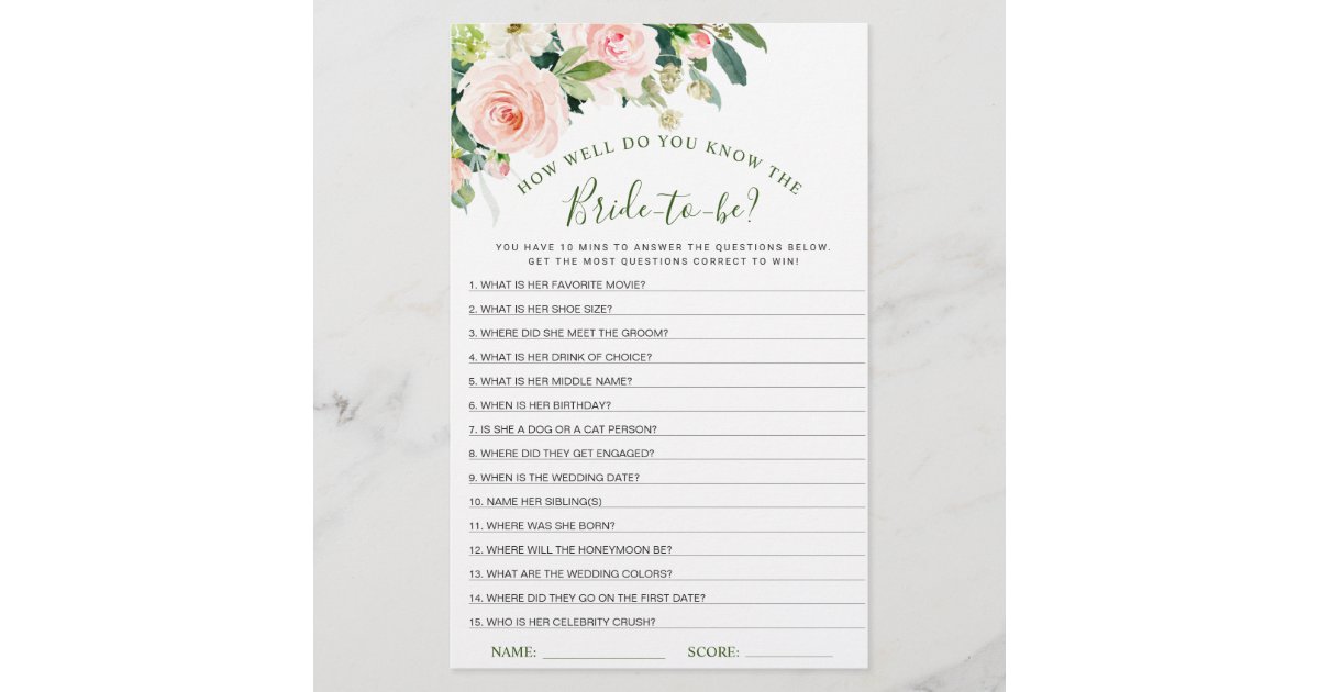 Pink Blush Flowers Greenery Bridal Shower Game | Zazzle