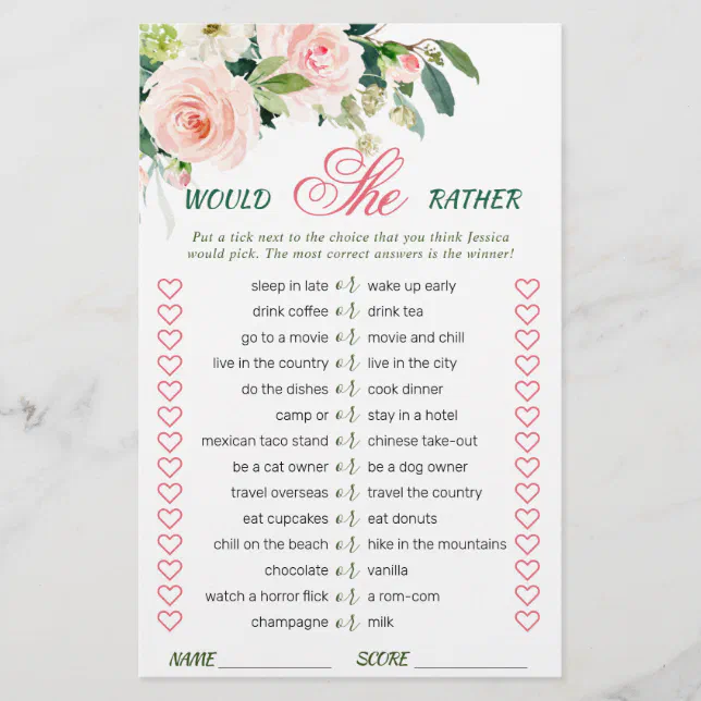 Pink Blush Flowers Greenery Bridal Shower Game | Zazzle