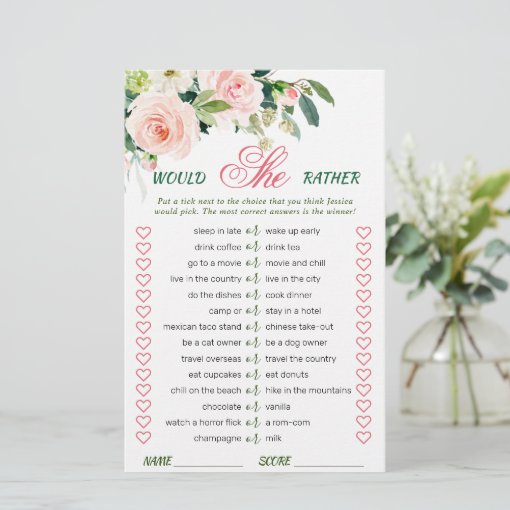 Pink Blush Flowers Greenery Bridal Shower Game | Zazzle