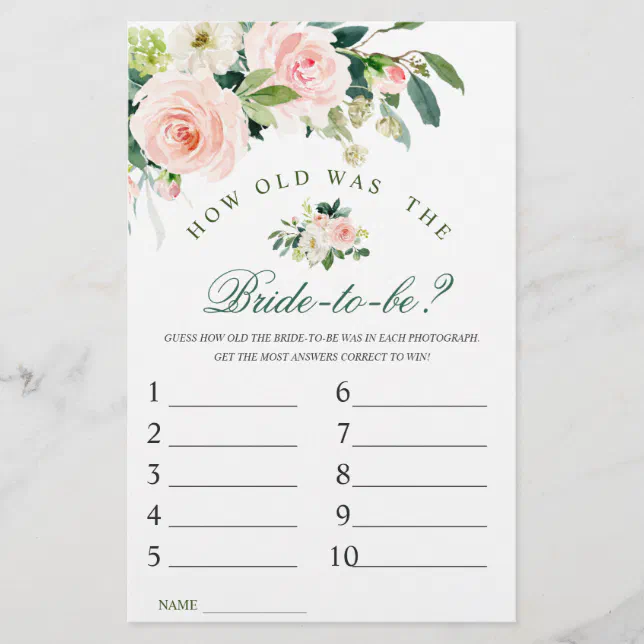 Pink Blush Flowers Greenery Bridal Shower Game | Zazzle