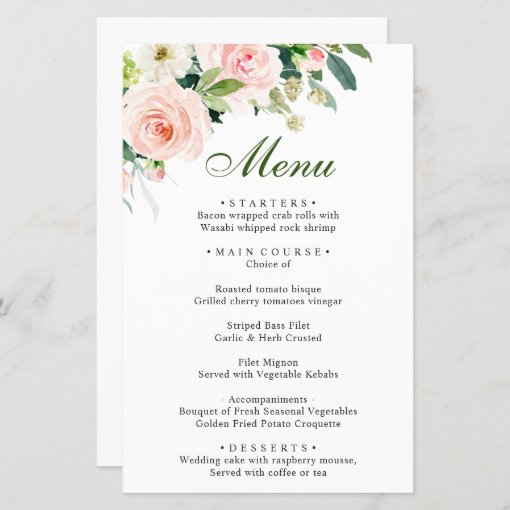 Pink Blush Flowers Greenery Wedding Dinner Menu | Zazzle