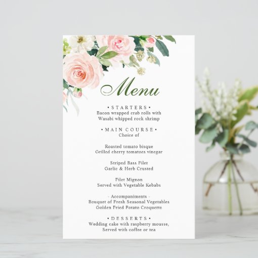 Pink Blush Flowers Greenery Wedding Dinner Menu | Zazzle