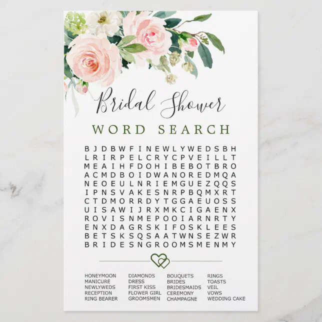 Pink Blush Flowers Word Search Bridal Shower Game | Zazzle