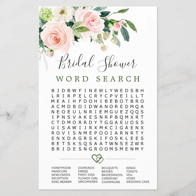 Pink Blush Flowers Word Search Bridal Shower Game | Zazzle
