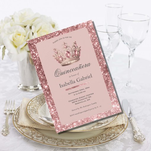 Pink Blush Glitter Tiara Crown Elegant Quinceañera Invitation | Zazzle