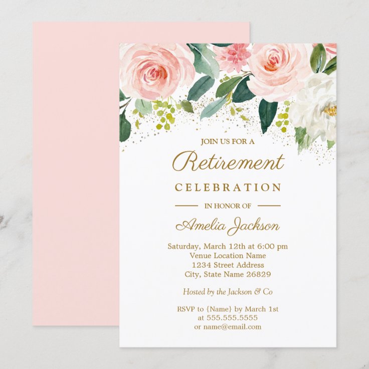 Pink Blush Gold Watercolor Floral Retirement Party Invitation | Zazzle
